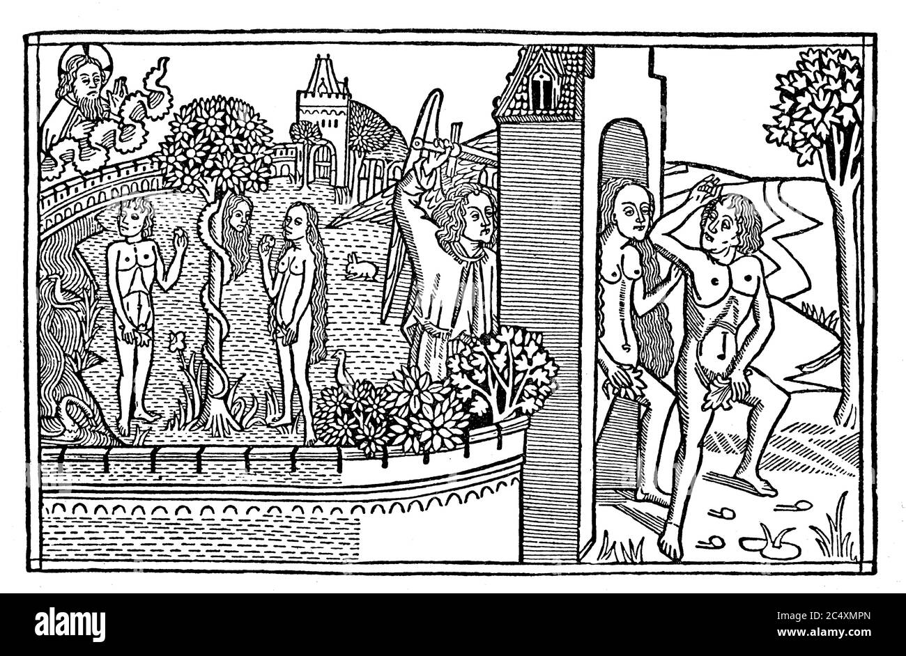 The Fall and the expulsion from Paradise. From the Coelner Bible, 1479 / Der Suendenfall und die ...