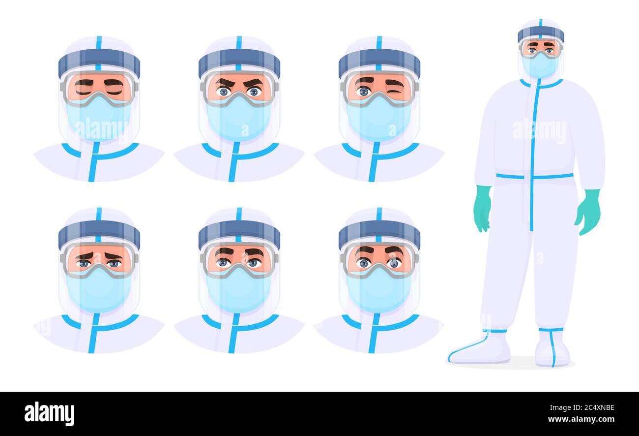 Set of male doctor facial expression with safety protective suit, mask ...