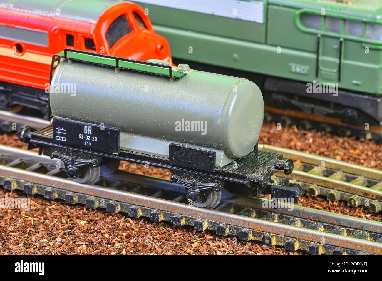 Railway tanker truck. Train hobby model on the model railway. Railroad ...