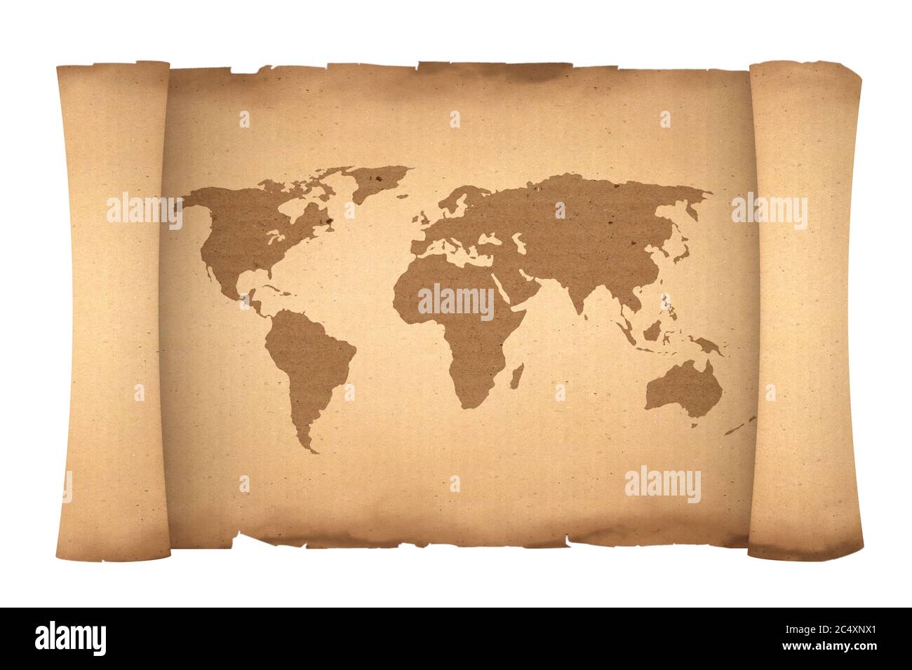 Old Paper Scroll Parchment with World Map on a white background. 3d ...