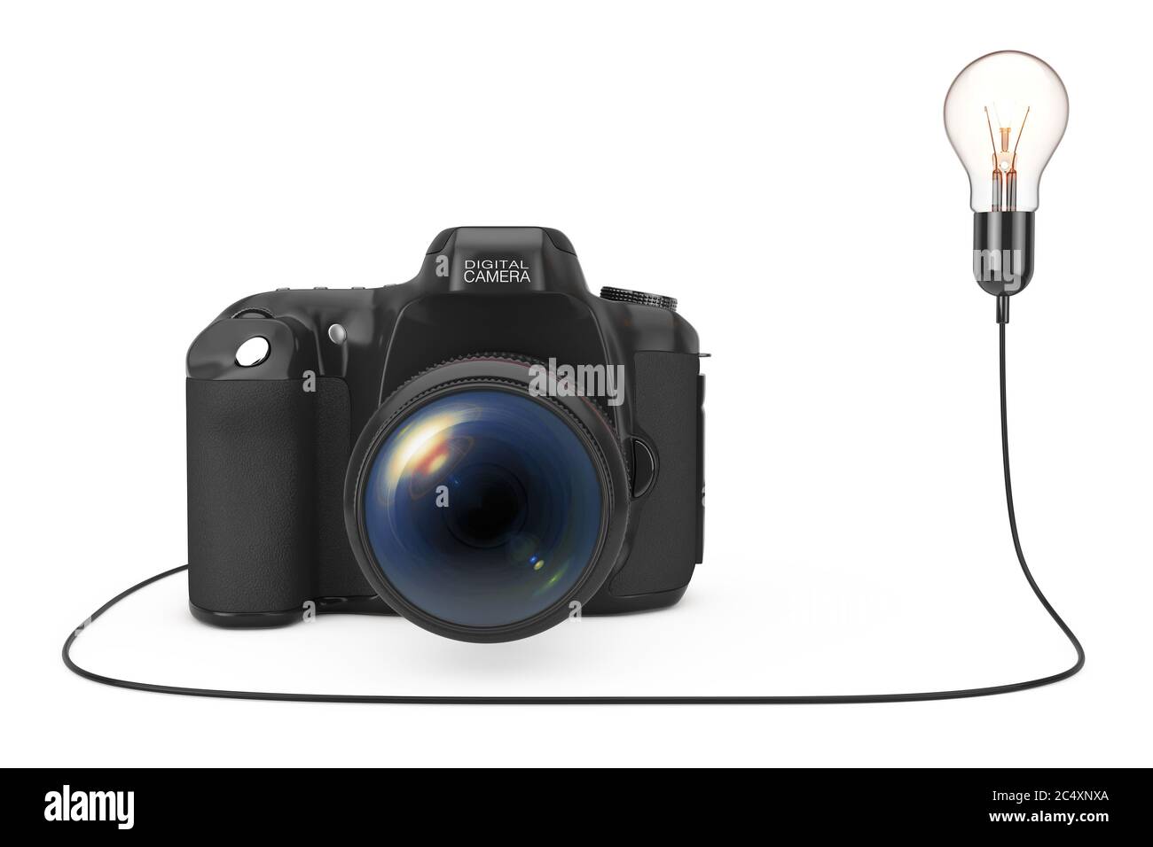Modern Digital Photo Camera Connected to Creative Idea Light Bulb on a ...