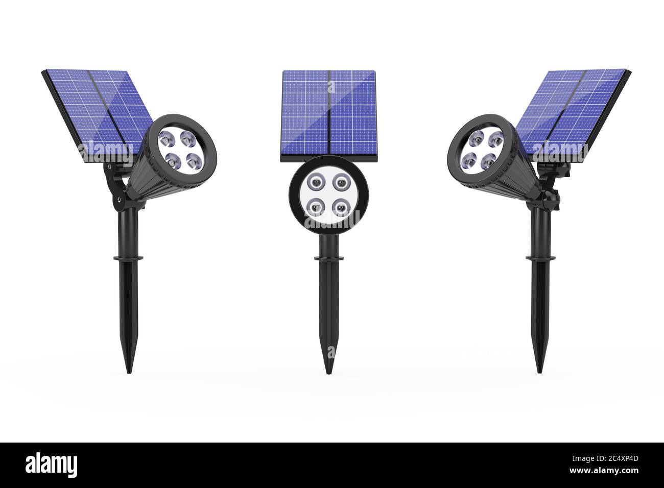 Outdoor Garden LED Spotlight with Solar Panel on a white background. 3d ...