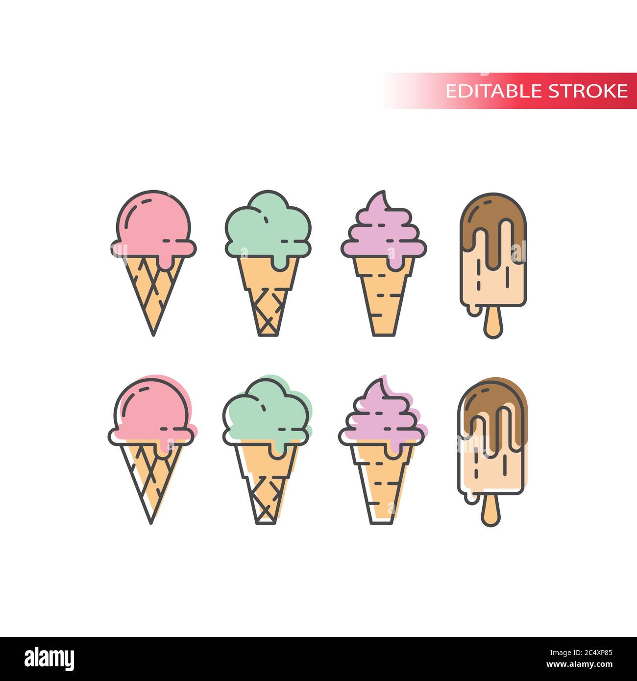 Ice cream with wafer cone colorful icon set. Ice cream pink, mint and ...