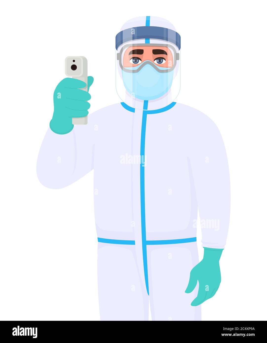 Doctor in safety protective suit clothing and holding digital ...