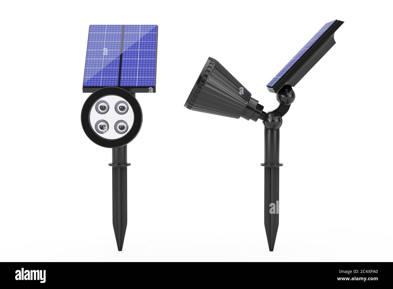 Outdoor Garden LED Spotlight with Solar Panel on a white background. 3d ...