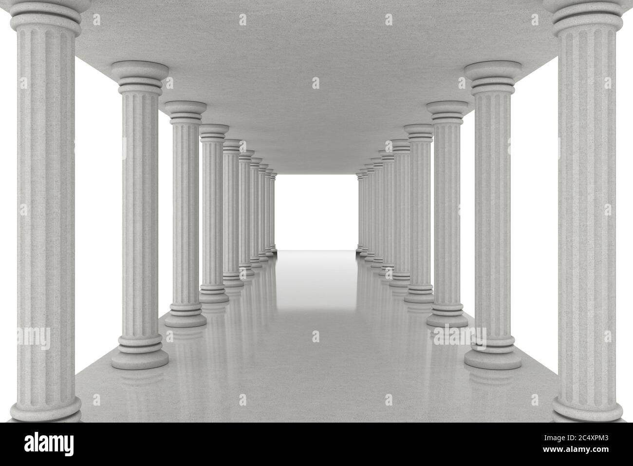 Long Corridor Tunnel Between Classic Columns on a white background. 3d ...