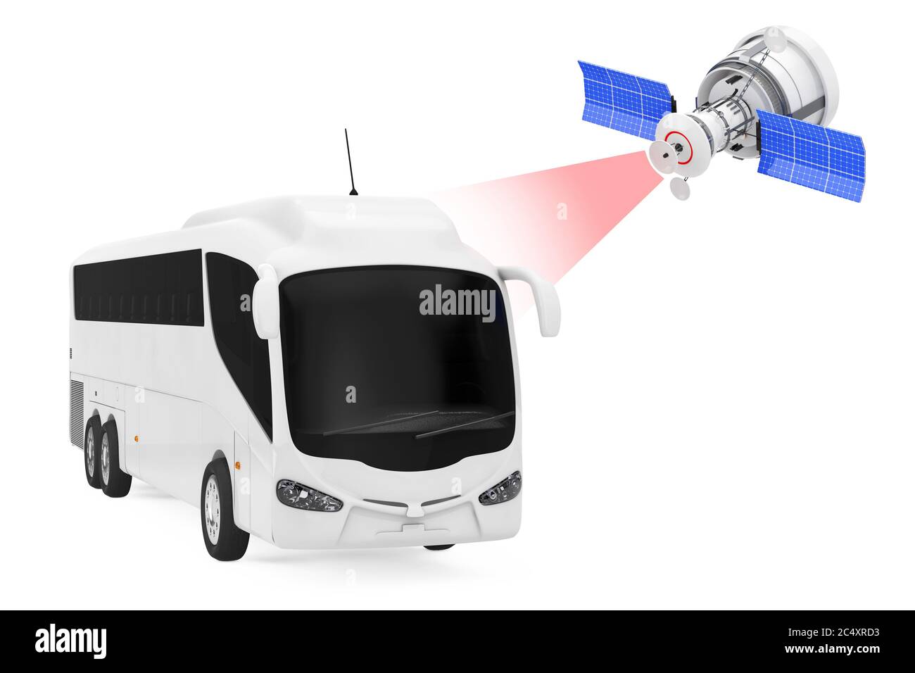 Modern Satelite Broadcasting to Big White Coach Tour Bus on a white ...