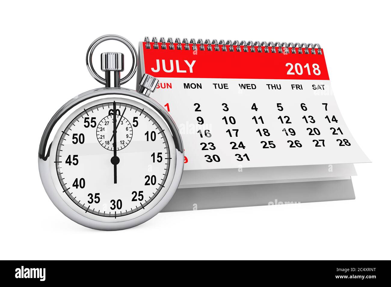 2018 year calendar. July calendar with stopwatch on a white background ...