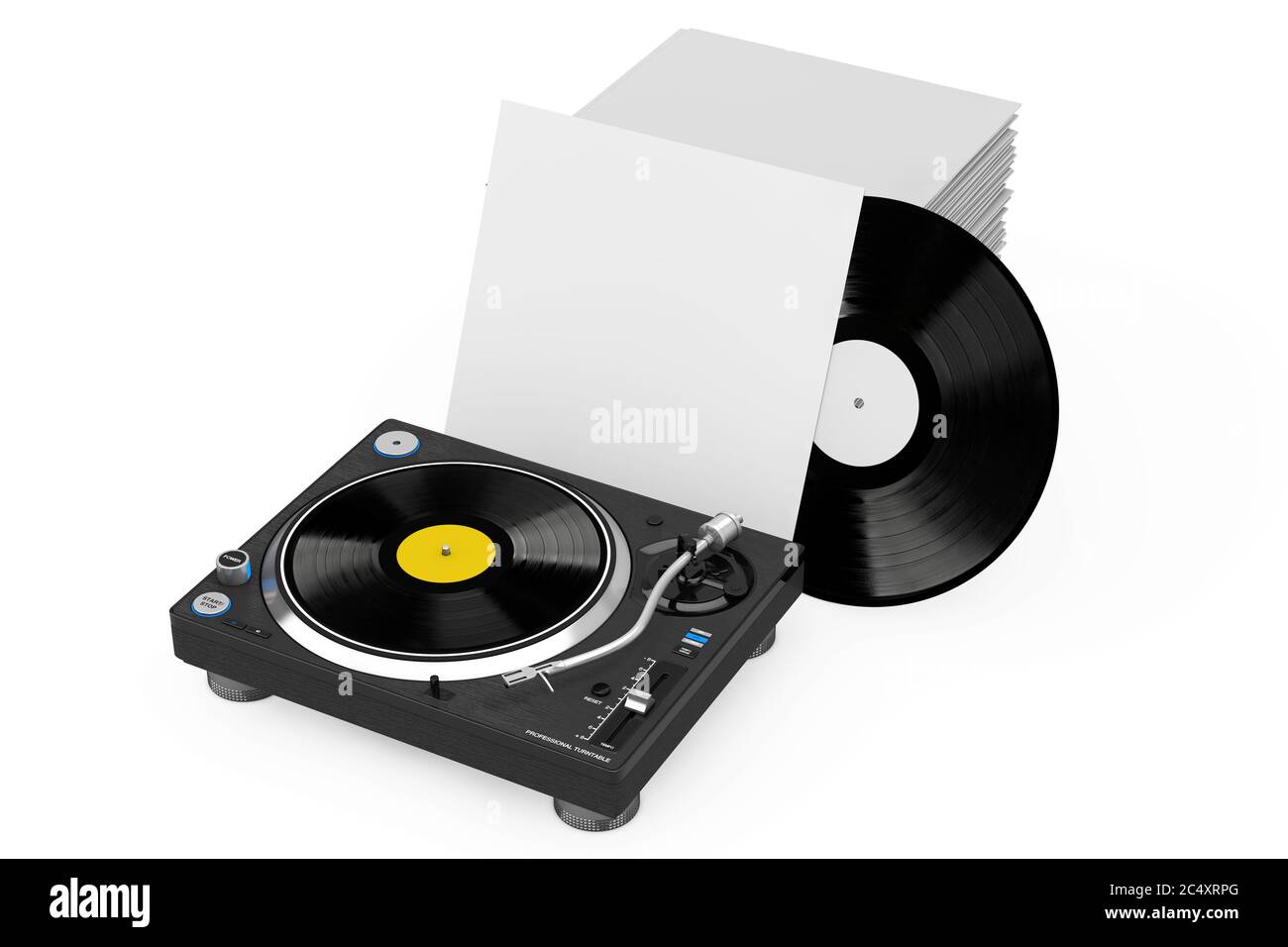 Professional DJ Turntable Vinyl Record Player near Stack of Vinyl Disks ...