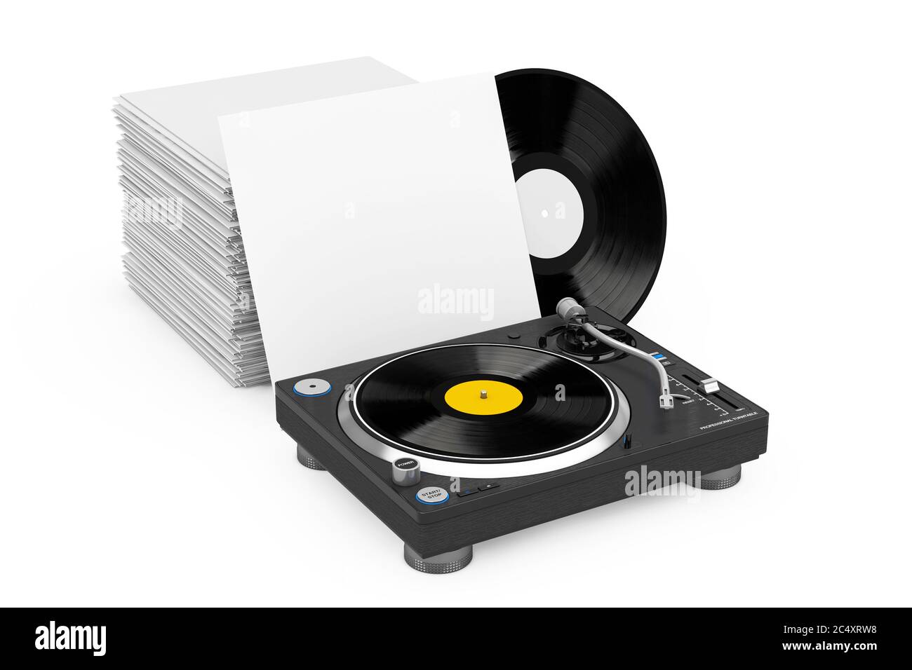 Professional DJ Turntable Vinyl Record Player near Stack of Vinyl Disks ...