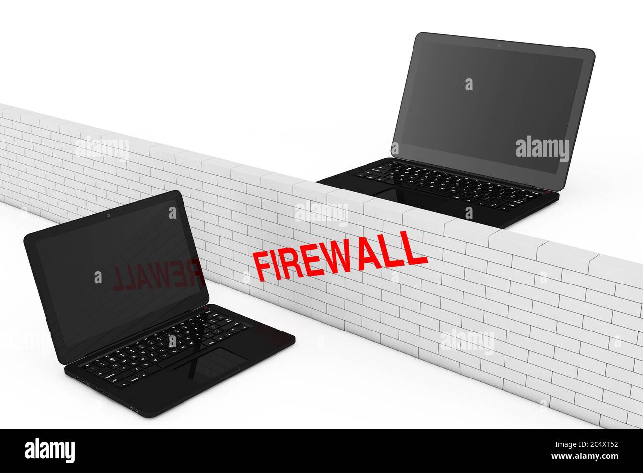 Firewall Concept. Firewall Brick Wall between two Security Laptops on a ...
