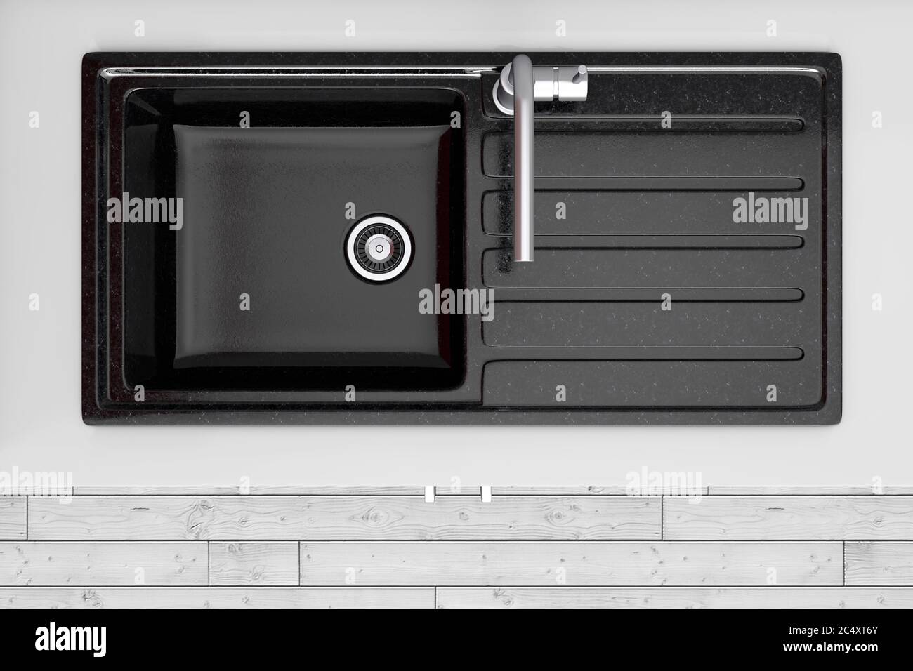 Modern Kitchen with Black Kitchen Sink and Tap Water top view extreme ...