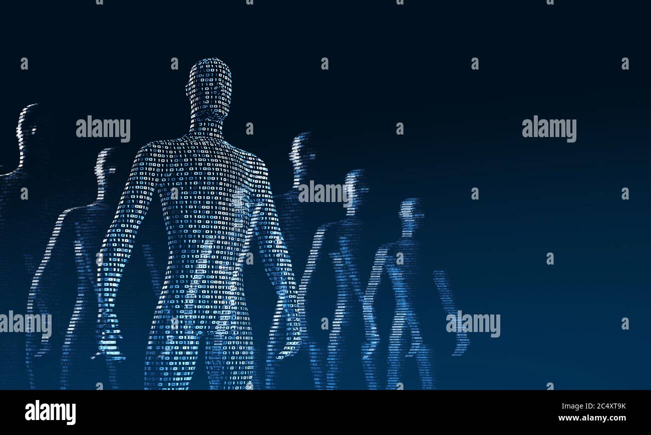 crowd of walking digital people. The concept of the symbiosis of man ...