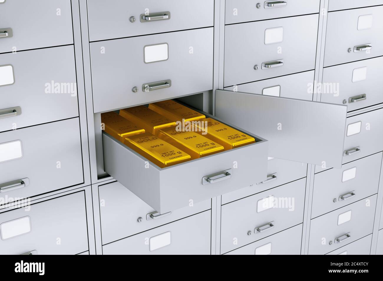 Stack of Gold Bars in Opened Bank Safe Deposit Box extreme closeup. 3d ...