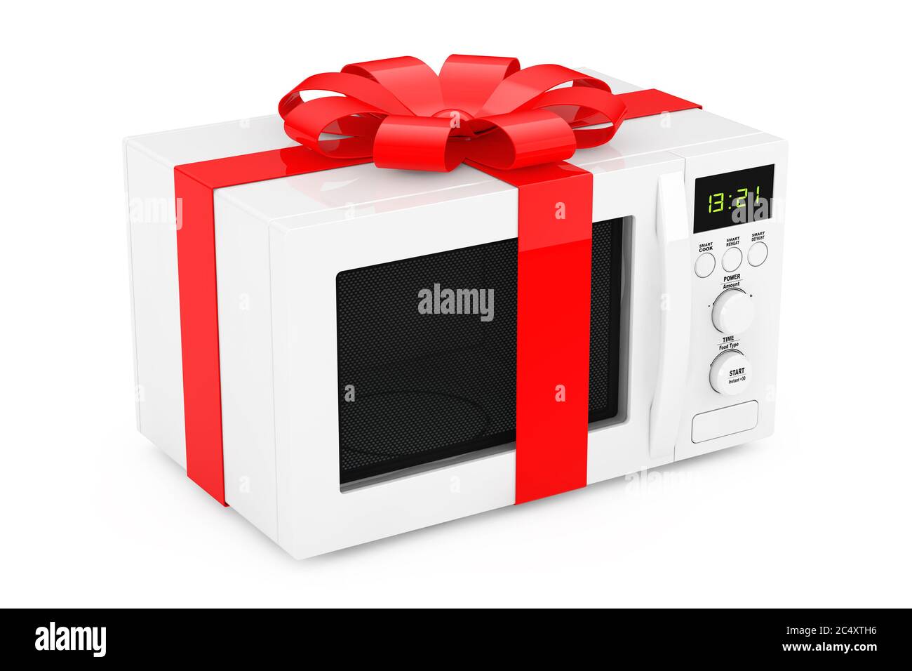 Microwave Oven Gift with Red Ribbon and Bow on a white background. 3d ...