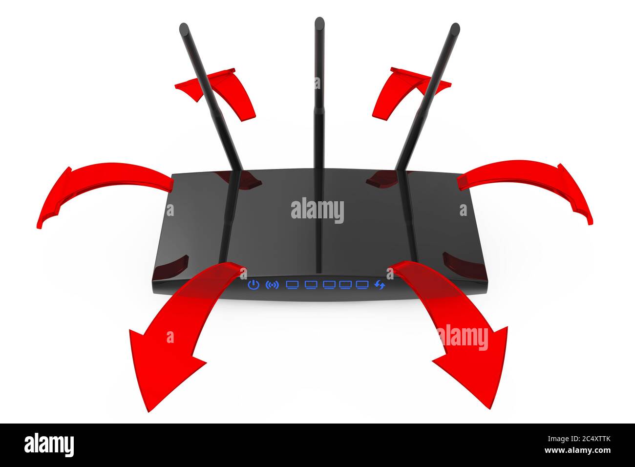 Modern WiFi Router with Glowing Red Signal Arrows on a white background ...