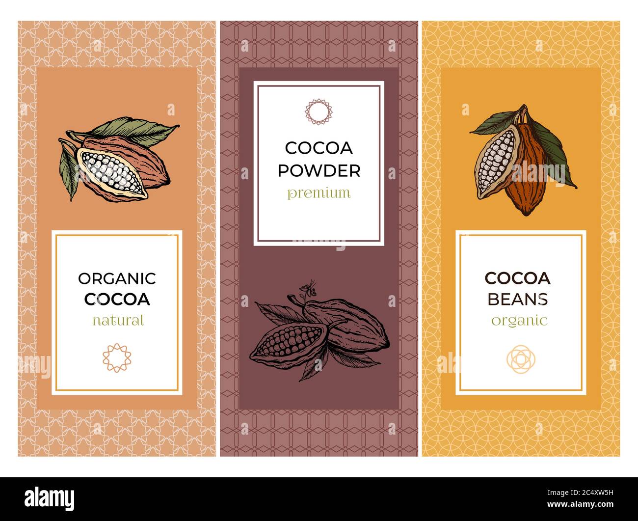 Cocoa packaging design templates set. Line style illustration. Cacao ...