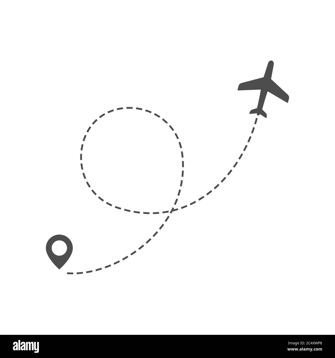Airplane route trace in dashed line with location pin. Twisted flight ... Airplane route trace in dashed line with location pin. Twisted flight ...