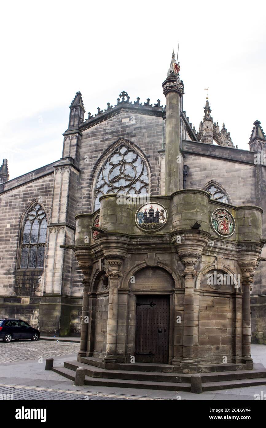 The Edinburgh old town Mercator Cross in front of the St Giles ...