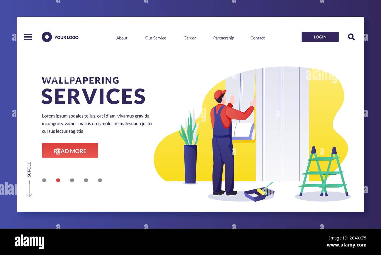 Man worker glues wallpaper to wall. Handyman makes house repair works ...