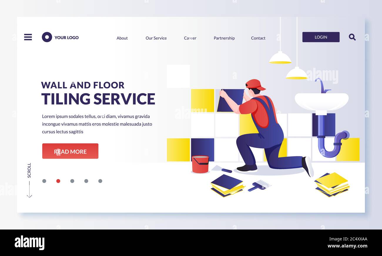 Tiler worker laying multicolor modern tiles on wall. Repairman makes ...