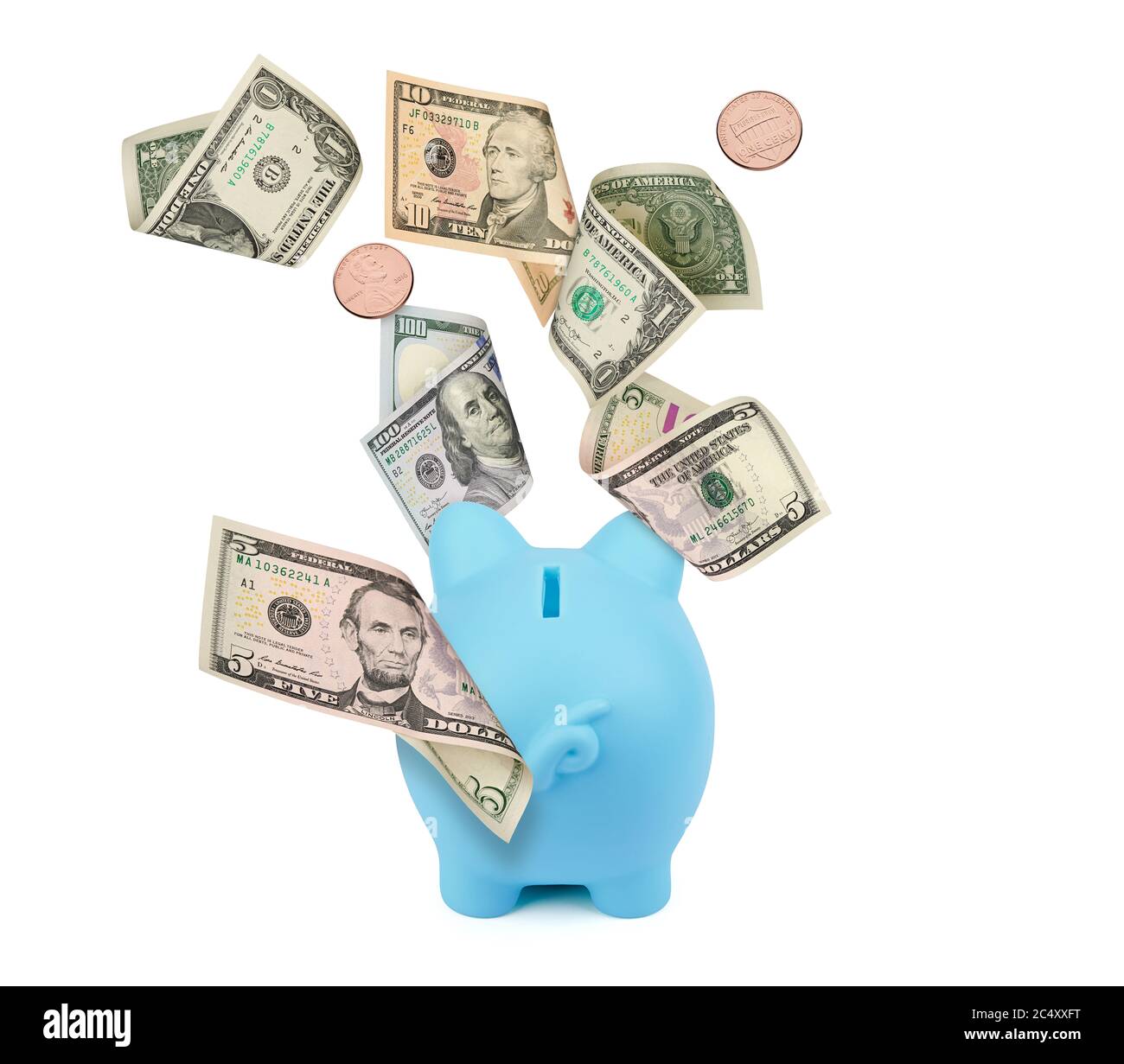 piggy bank back view and us paper currency. Dollars isolated on white ...