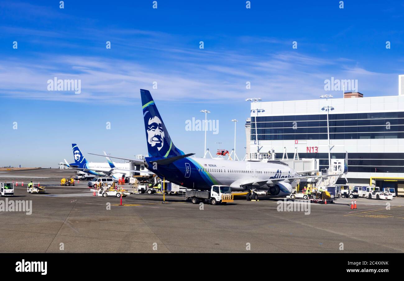 Seattle-Tacoma International Airport Runway Area with Alaska Airplane ...