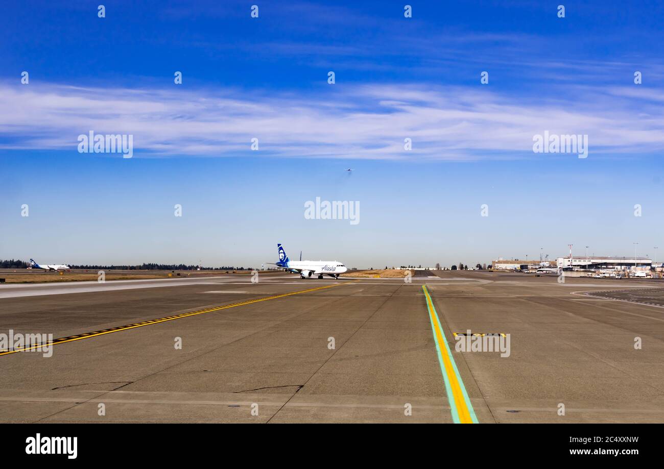 Seattle-Tacoma International Airport Runway Area with Alaska Airplane ...