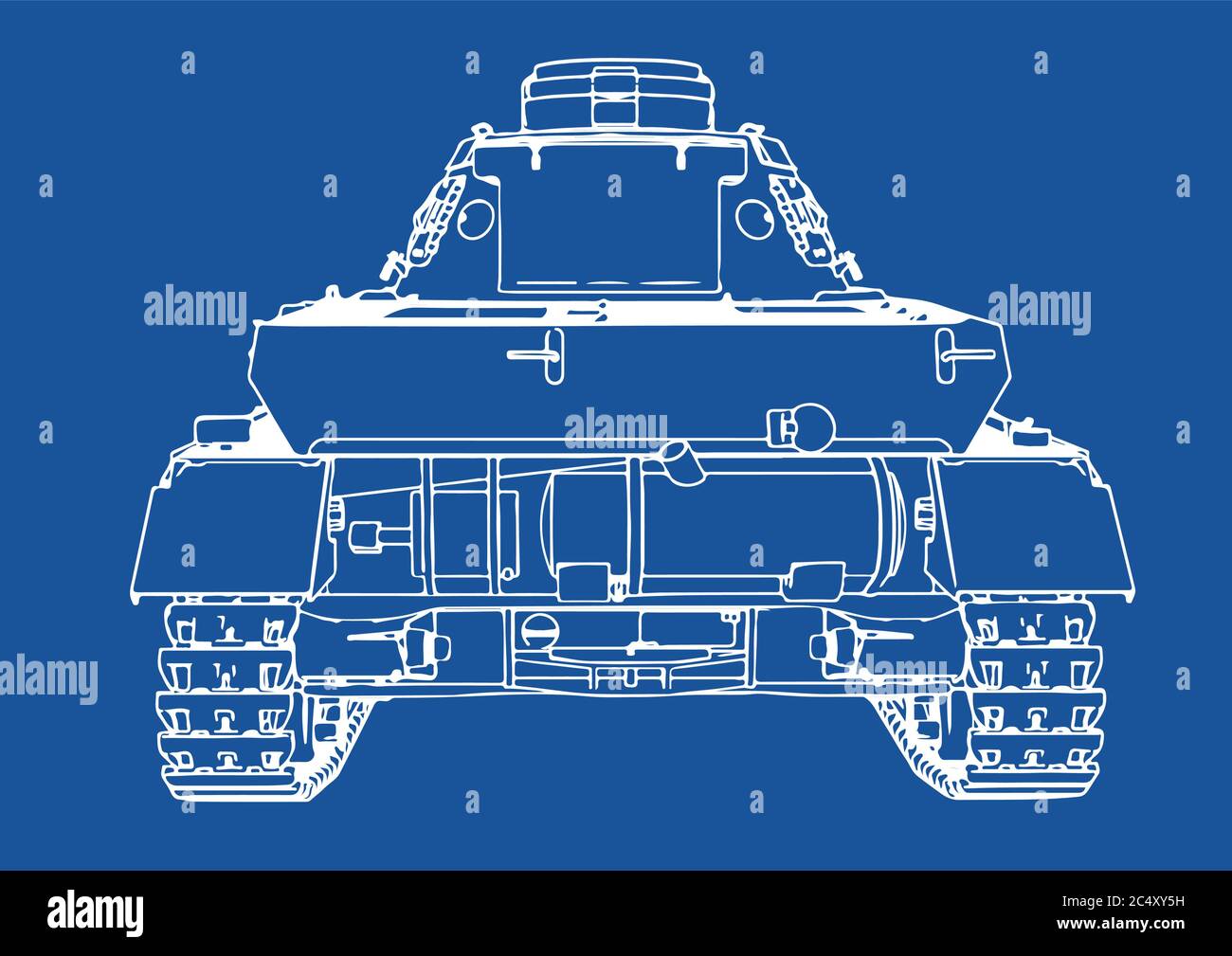 drawing of old military equipment tank on a blue background vector ...