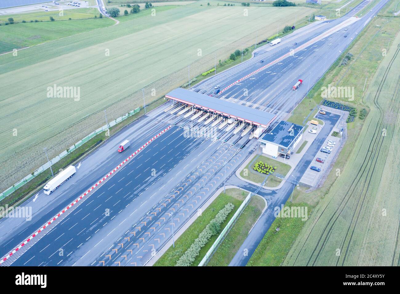Aerial drone view on toll collection point on the motorway Stock Photo ...