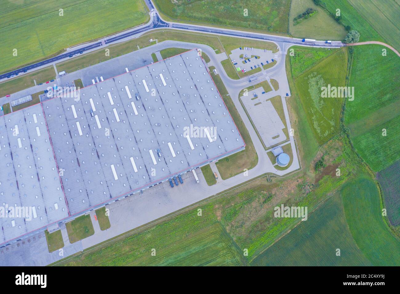 Aerial Top View of Industrial Storage Building Area Many Trucks ...