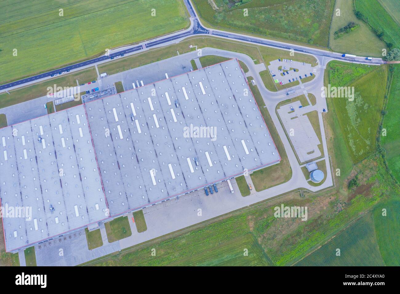 Aerial Top View of Industrial Storage Building Area Many Trucks ...