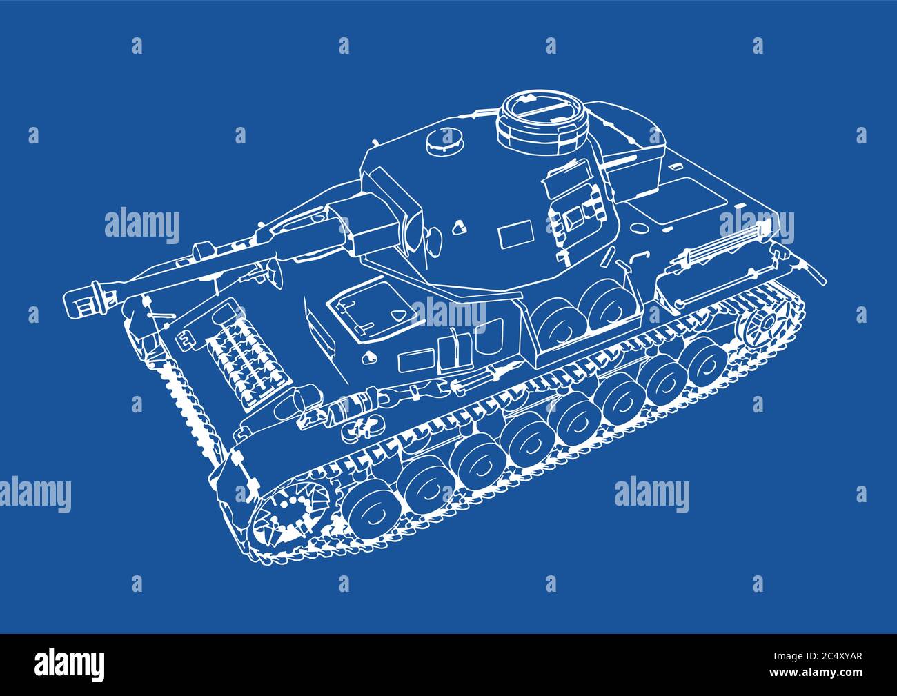 drawing of old military equipment tank on a blue background vector ...