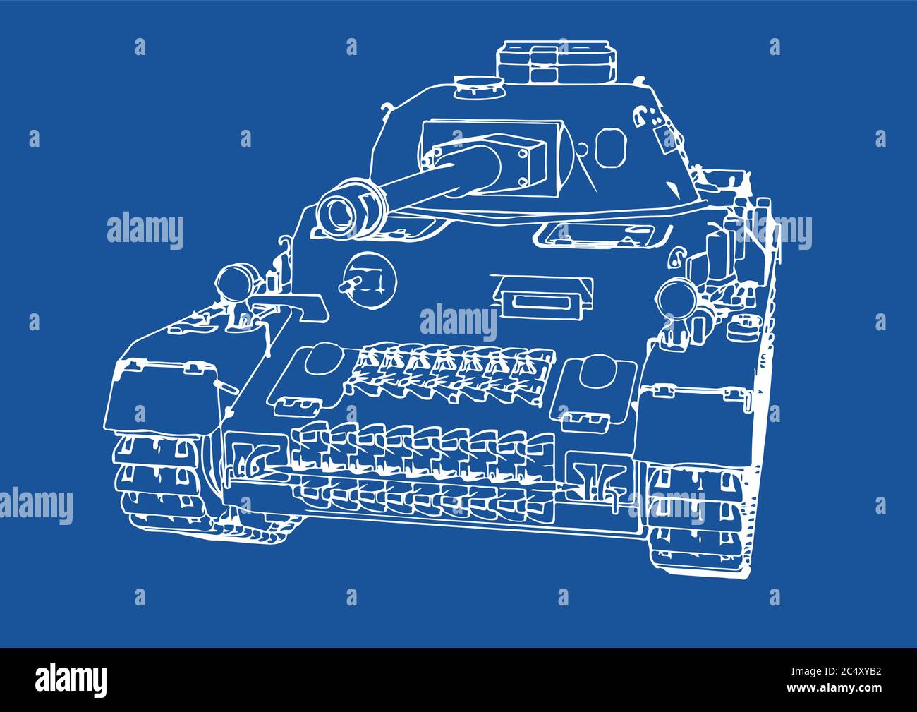 drawing of old military equipment tank on a blue background vector ...