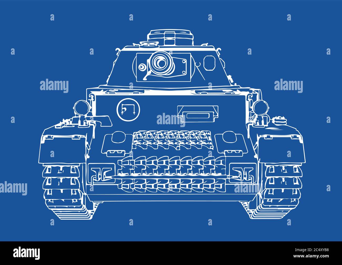 drawing of old military equipment tank on a blue background vector ...