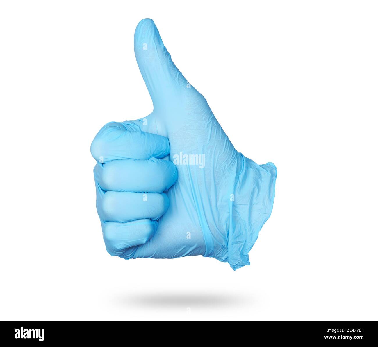 Doctor hand in blue sterile gloves is showing thumbs up sign isolated ...