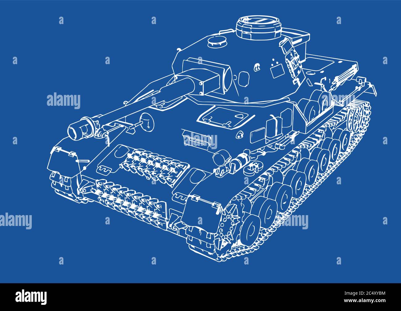 drawing of old military equipment tank on a blue background vector ...