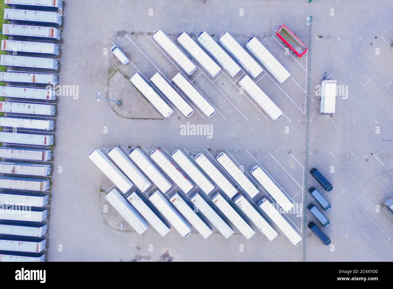 Aerial top view of white cargo trailer parking, trailer line up ...