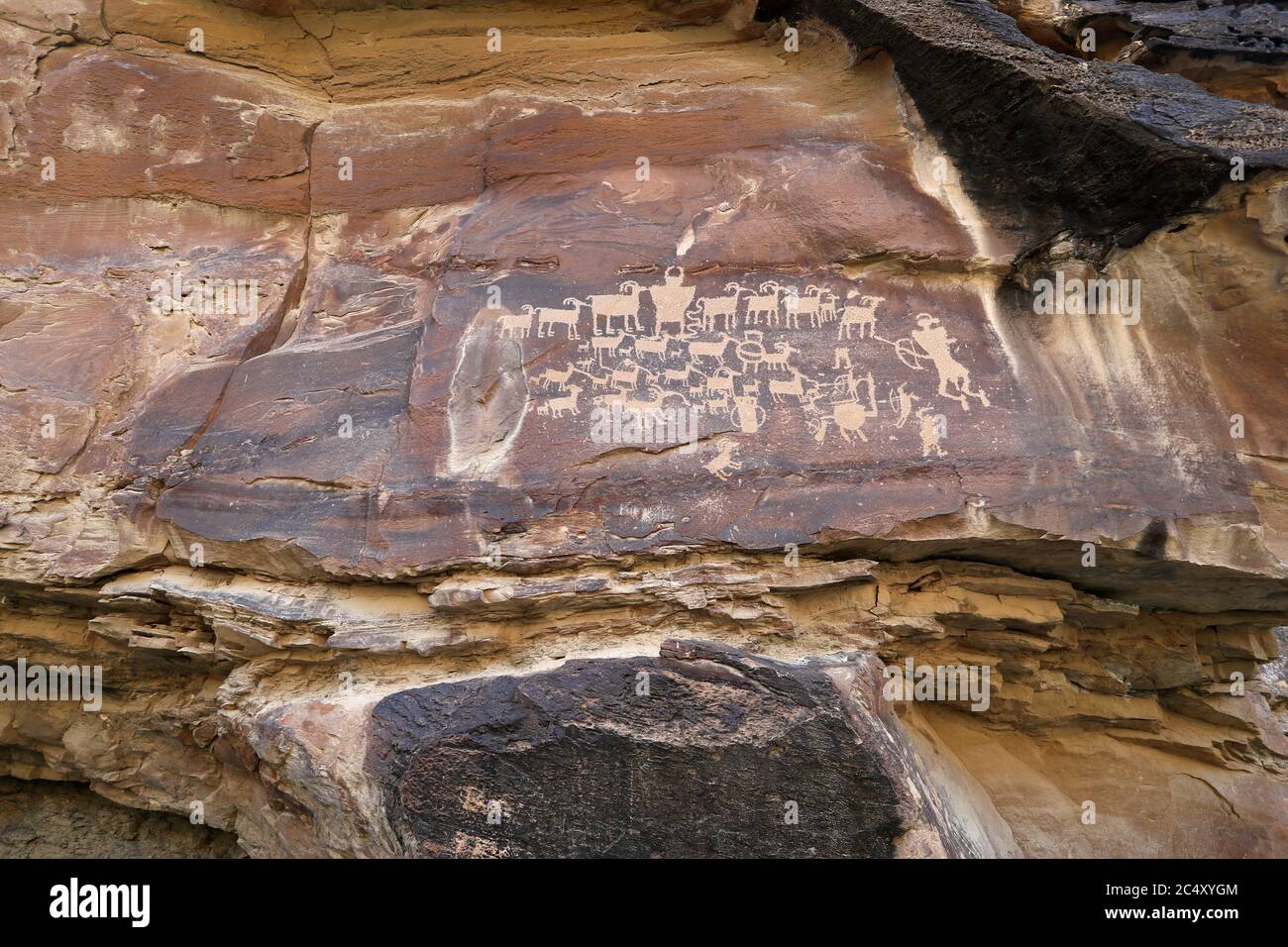 Ancient Native American Indian rock art petroglyph great hunt panel ...