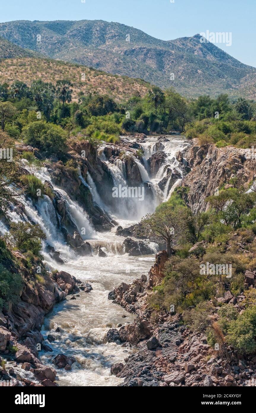 Part of the Epupa waterfalls in the Kunene River. Baobab and makalani ...