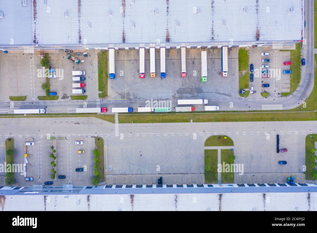 Aerial view of goods warehouse. Logistics center in industrial city ...