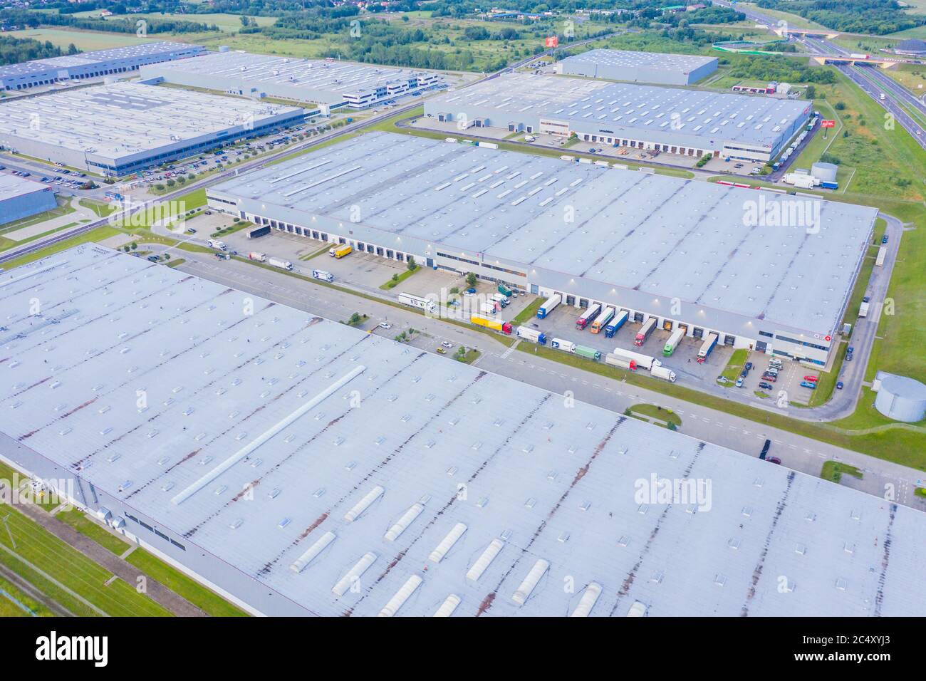Aerial top view of the large logistics park with warehouse, loading hub ...