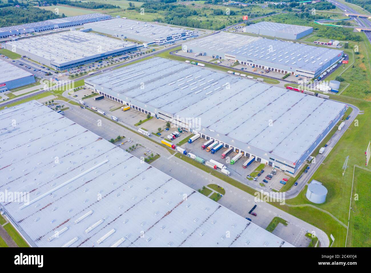 Aerial top view of the large logistics park with warehouse, loading hub ...