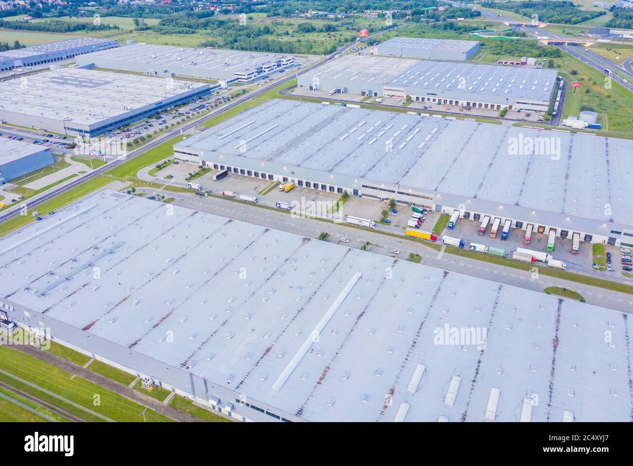Aerial top view of the large logistics park with warehouse, loading hub ...