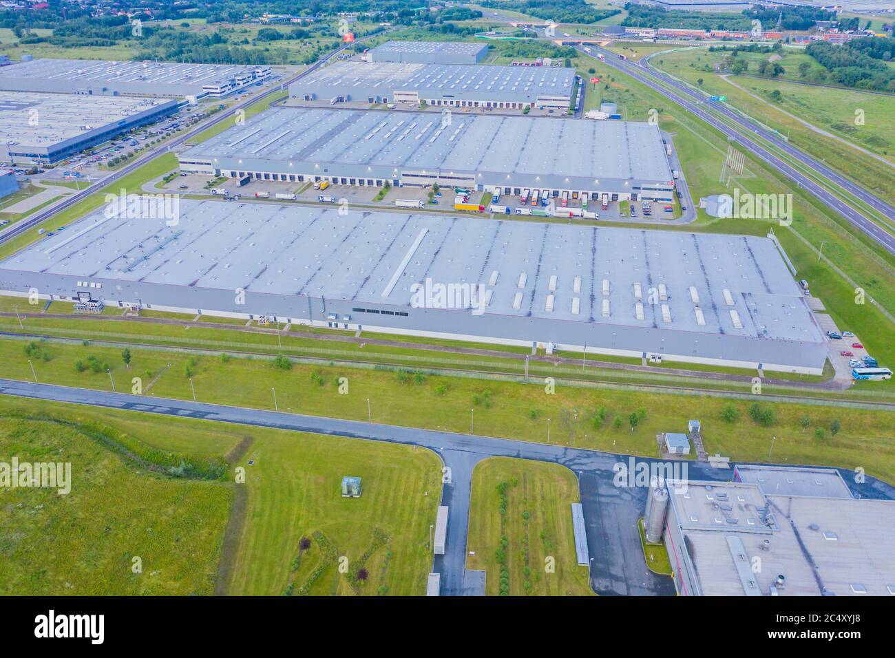 Aerial top view of the large logistics park with warehouse, loading hub ...
