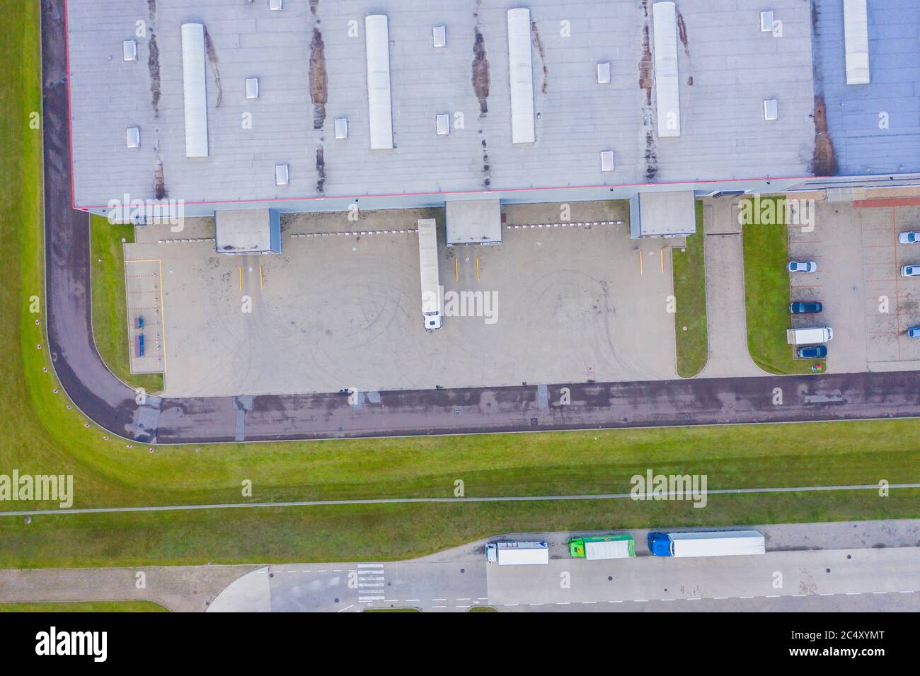 Aerial view of goods warehouse. Logistics center in industrial city ...