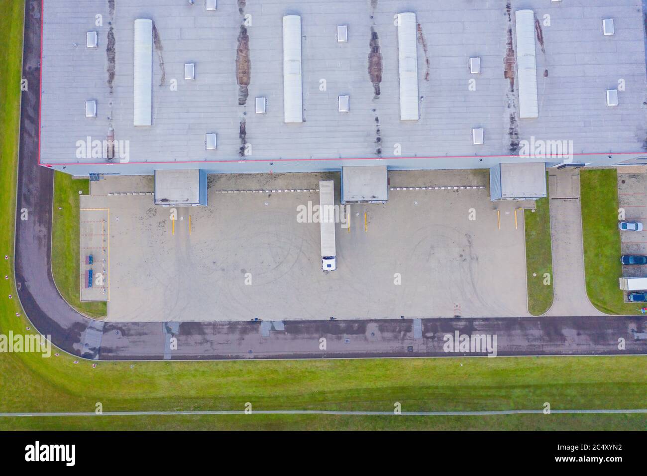 Aerial view of goods warehouse. Logistics center in industrial city ...