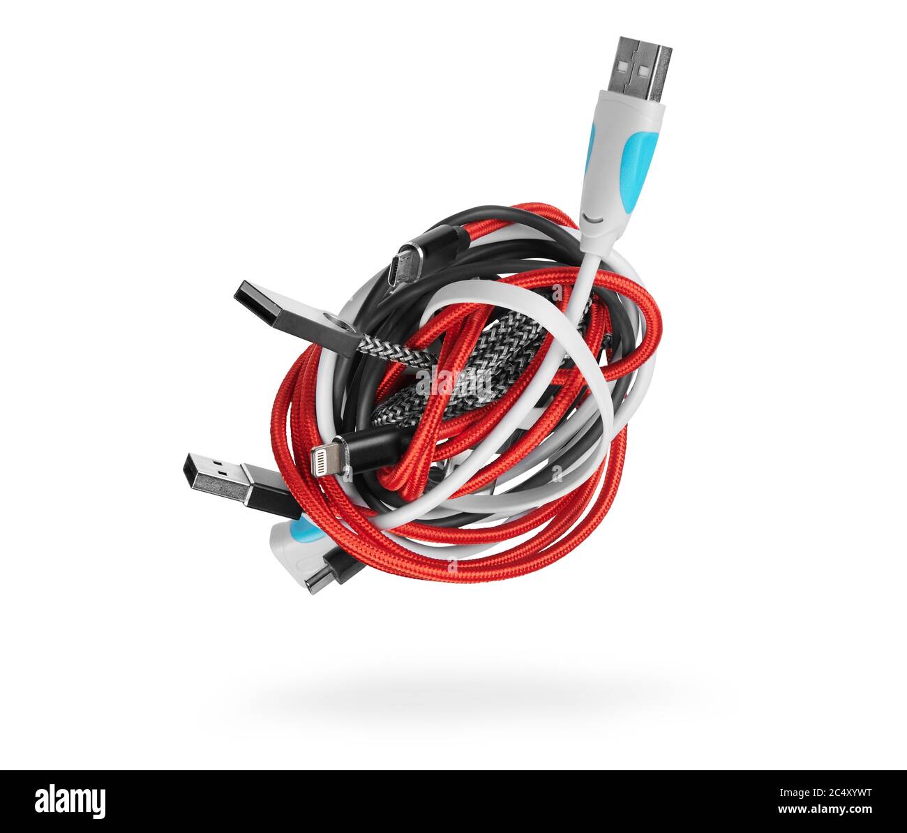 Tangled roll of computer wires isolated on white background with ...