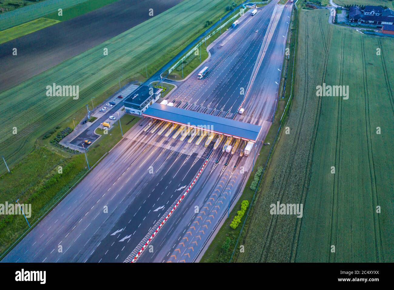 Car traffic transportation on multiple lanes highway road and toll ...