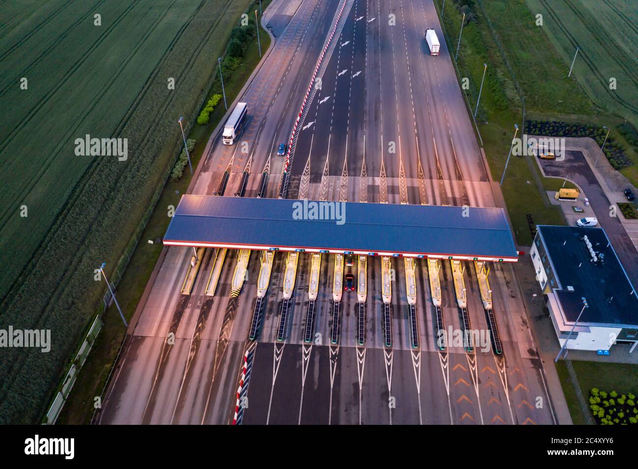 Car traffic transportation on multiple lanes highway road and toll ...